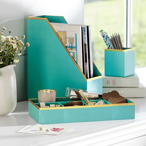 Printed Paper Desk Accessories Set, Solid Pool With Gold Trim | PBteen