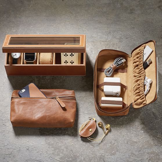 Classic Leather Tech Pouch & Ear Bud Holder Set, Natural | PBteen