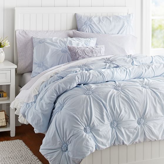 Frost Blue Ruched Rosette Teen Quilt + Sham | Pottery Barn Teen